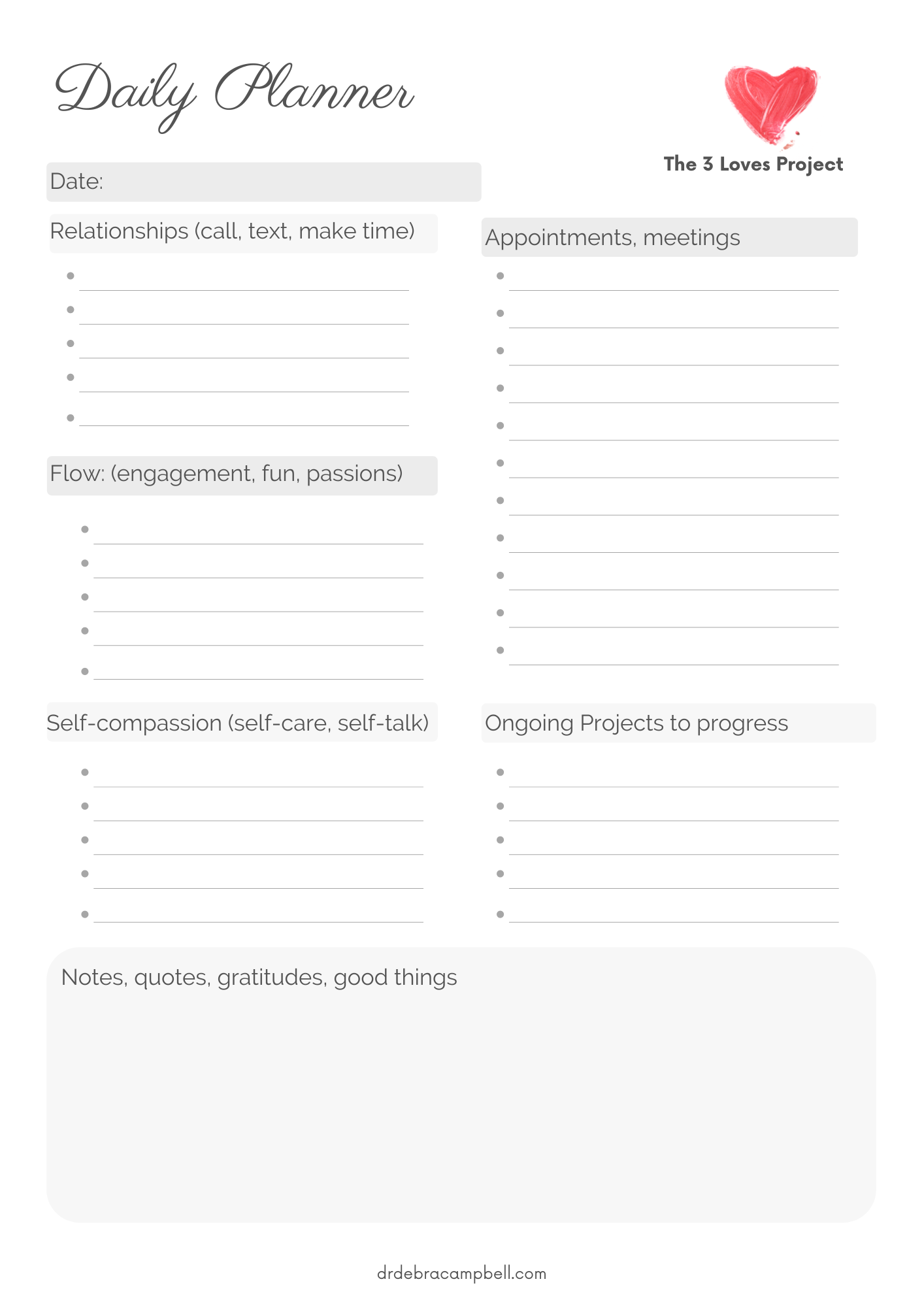 3 Loves Project Daily Planner - Dr Debra Campbell